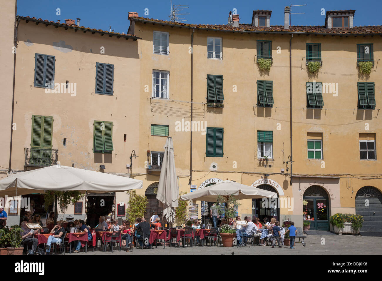 Restaurant Terrace and Shops, Piazza Anfiteatro Square, Lucca; Tuscany ...