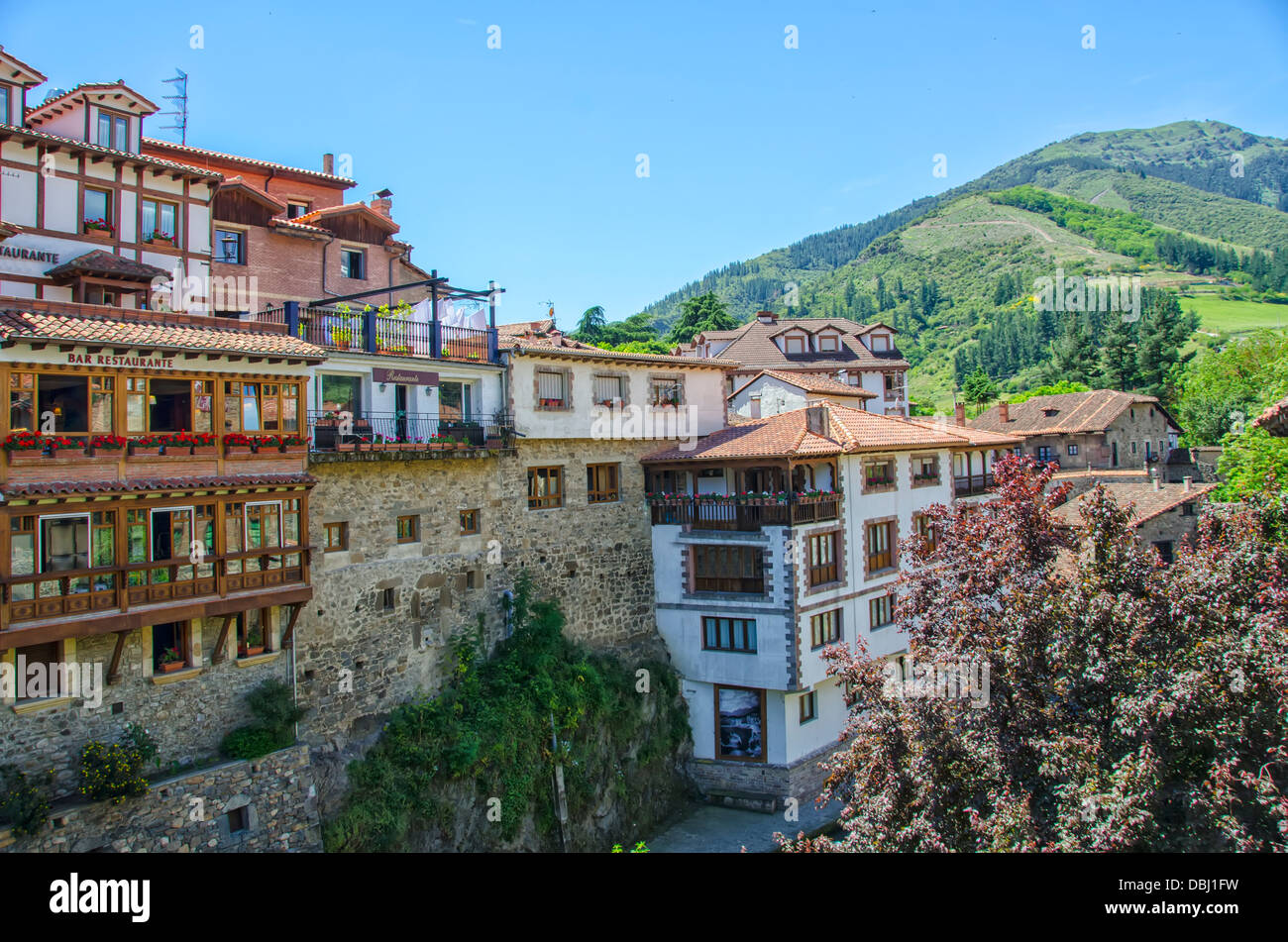 Potes medieval view with blue sky Stock Photo - Alamy