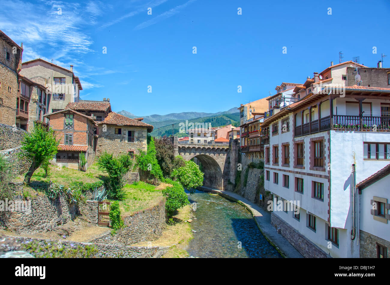 Potes medieval view with blue sky Stock Photo - Alamy