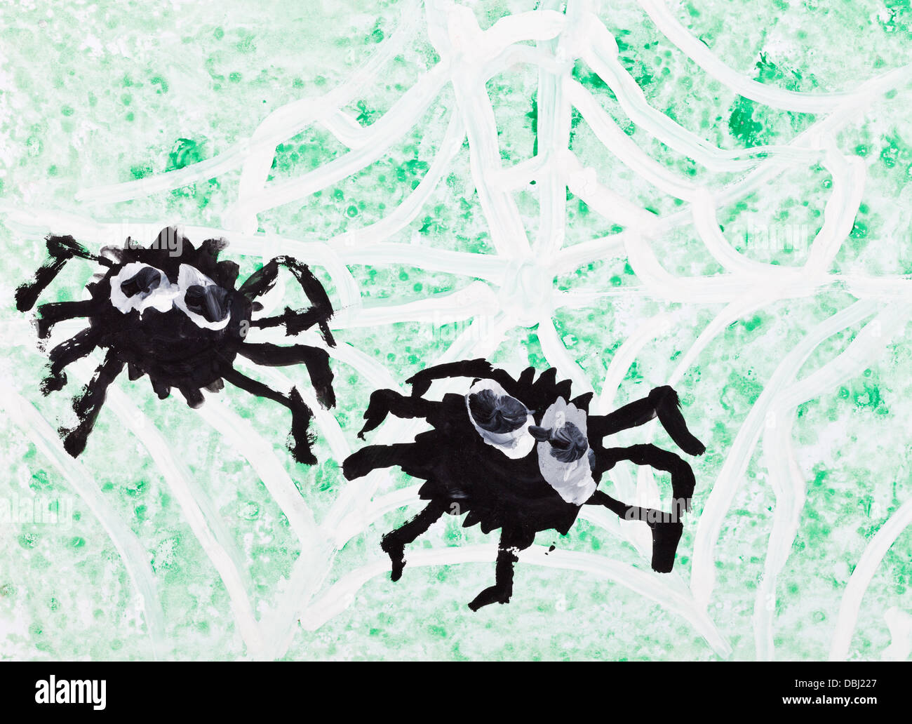 childs drawing - two black spiders in white web Stock Photo - Alamy