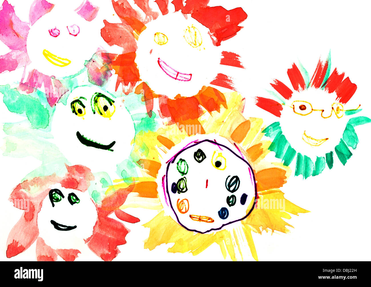 childs drawing - many happy smiling sun faces Stock Photo - Alamy