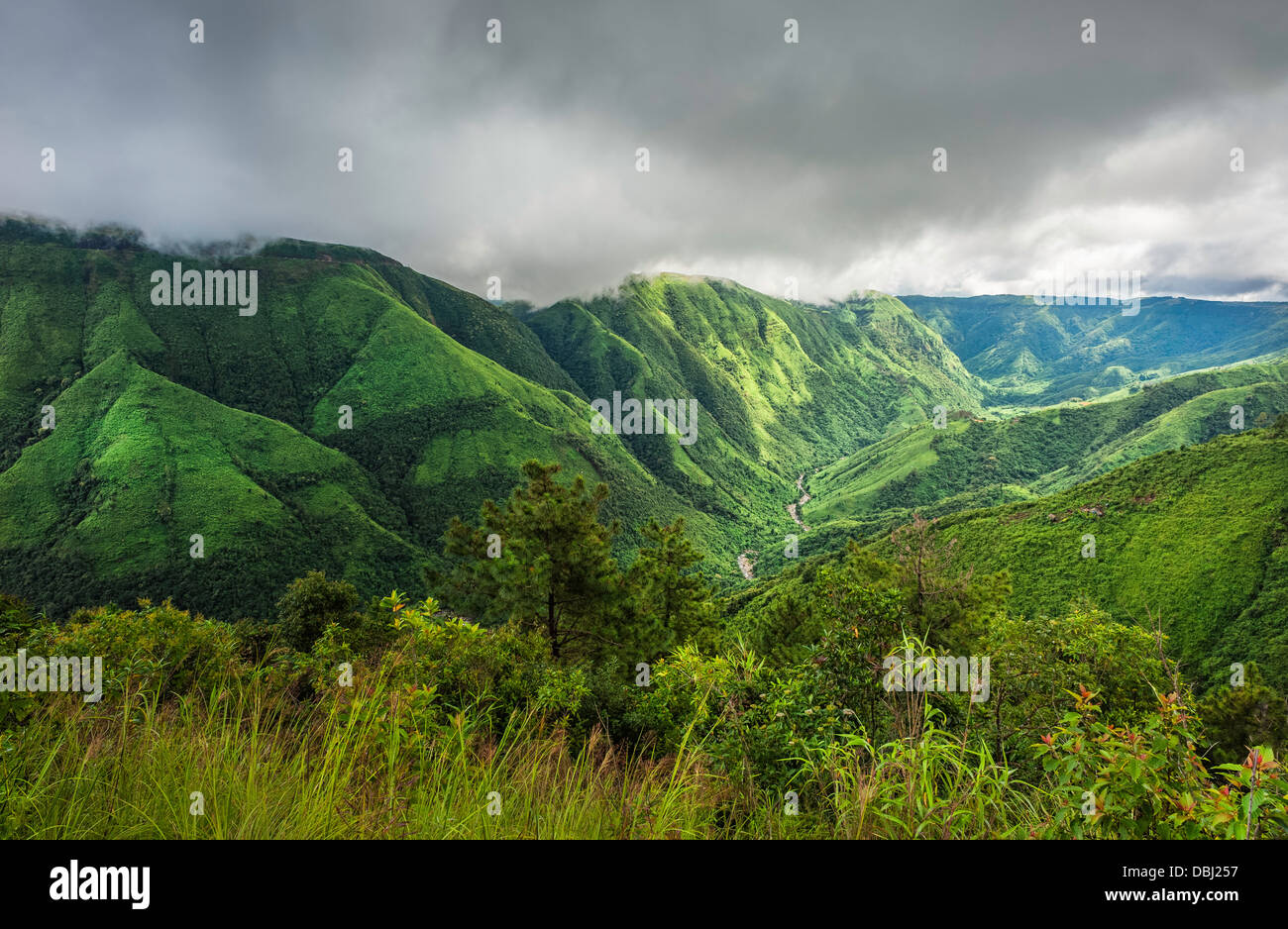 Storm clouds over the Khasi Hills with deep valley and gorges near ...