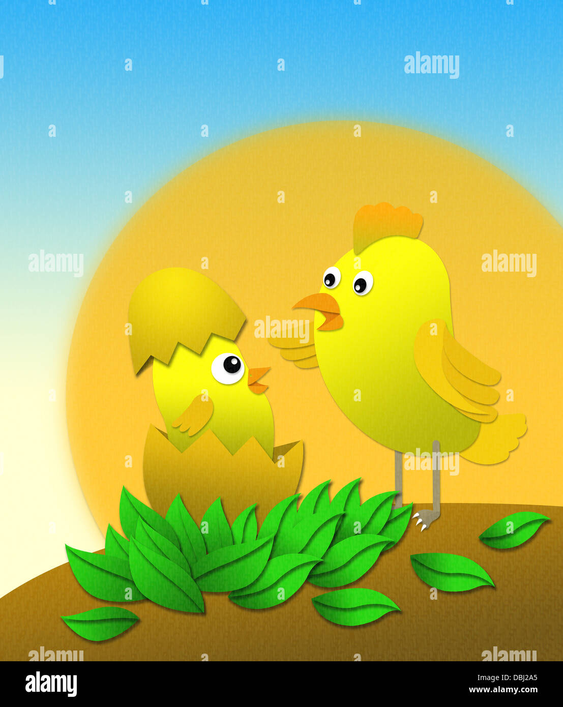 Illustrator of yellow chicken family Stock Photo - Alamy