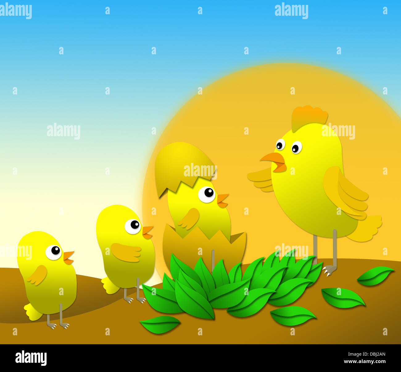 Illustrator of yellow chicken family Stock Photo - Alamy