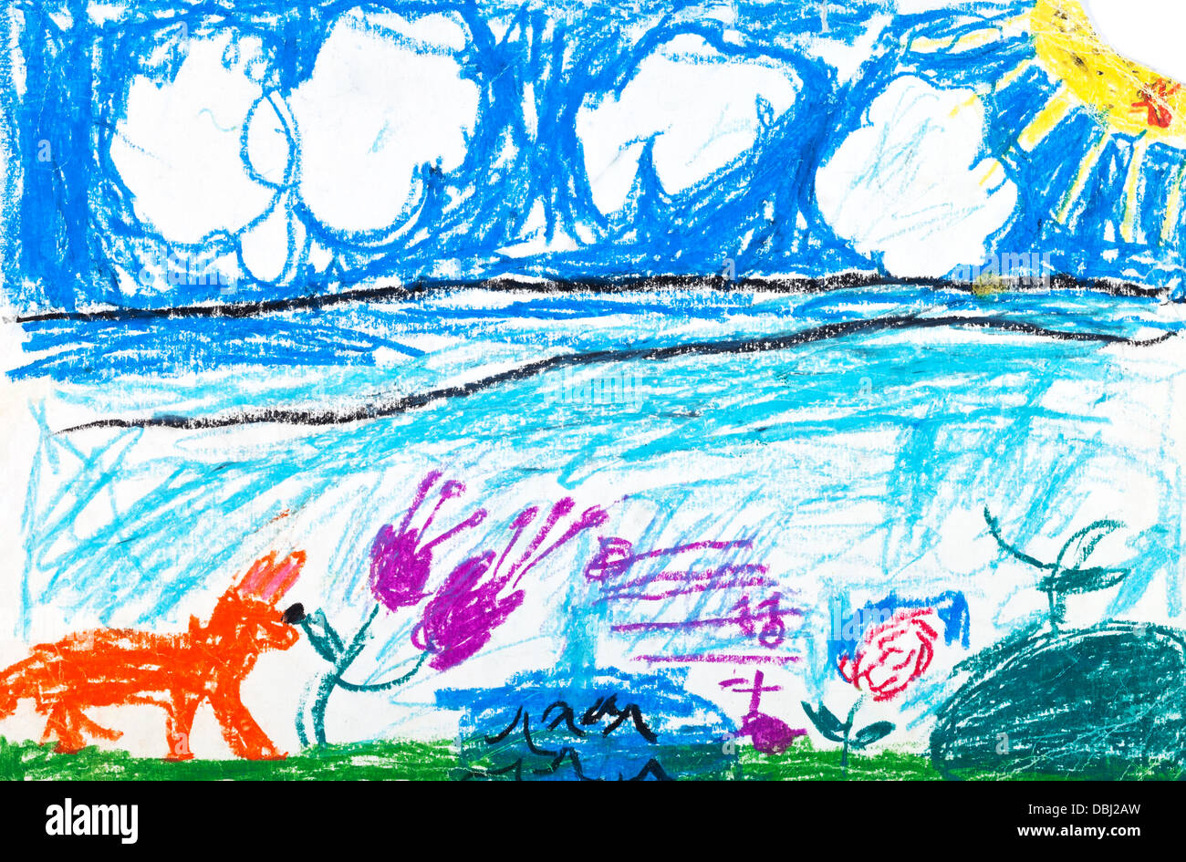 childs drawing - fox on lawn in summer day Stock Photo - Alamy