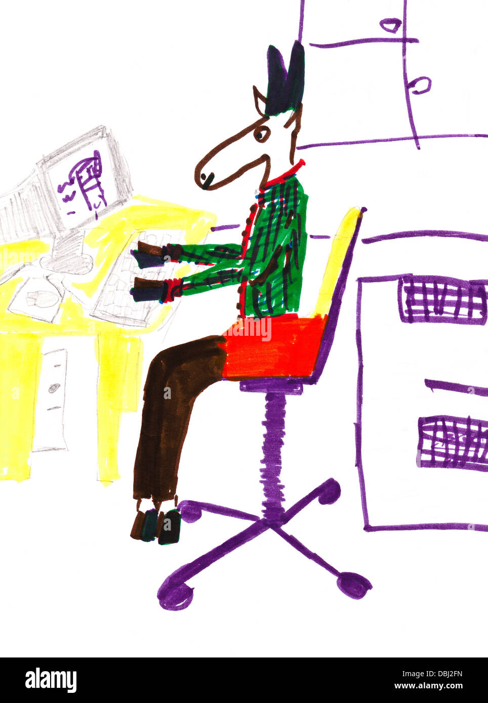 childs drawing - donkey working at computer in office Stock Photo - Alamy