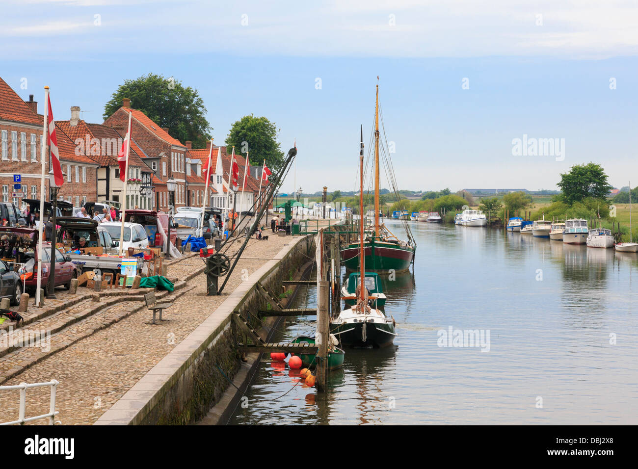 Boats moored along River Ribe in oldest Danish town of Ribe, South West ...