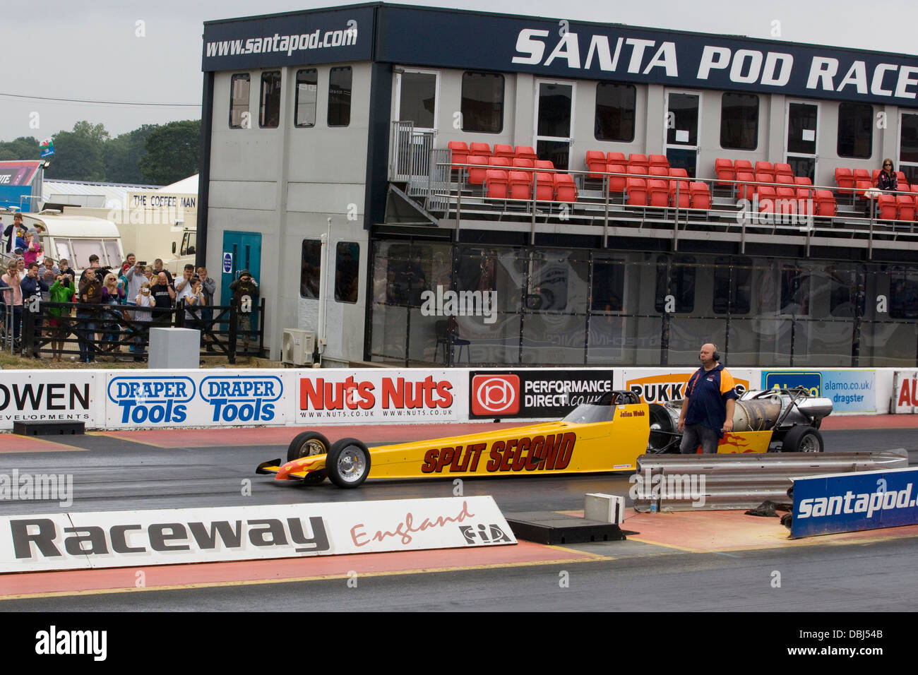 Julian Webb drives the Split Second Jet Dragster down the Santa Pod ...