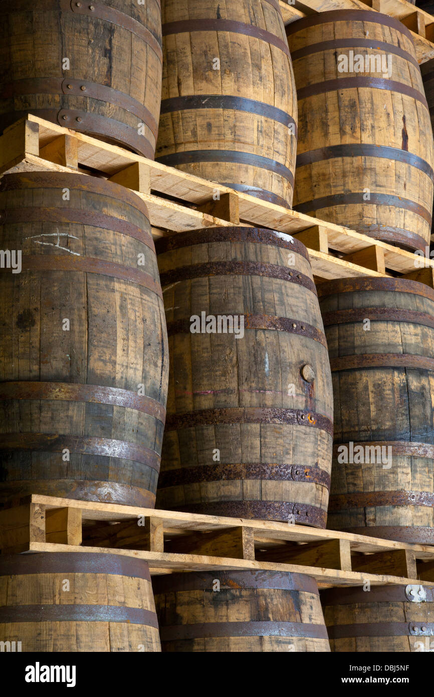Glen Moray malt whisky Stacked racks of Scottish whisky barrels. A ...