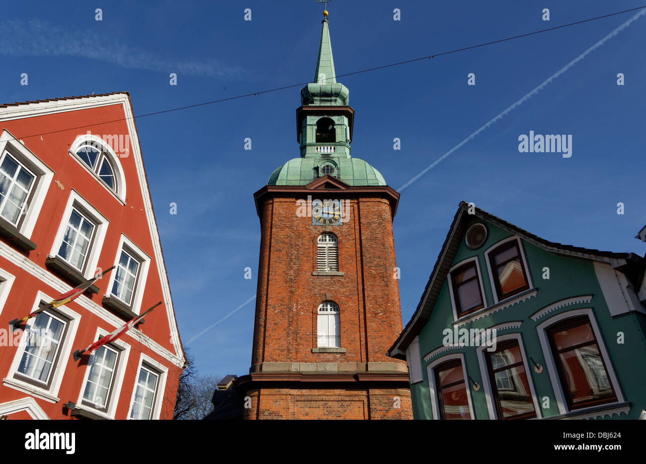 Time tower building nikolai clock sky blue contrail hi-res stock ...