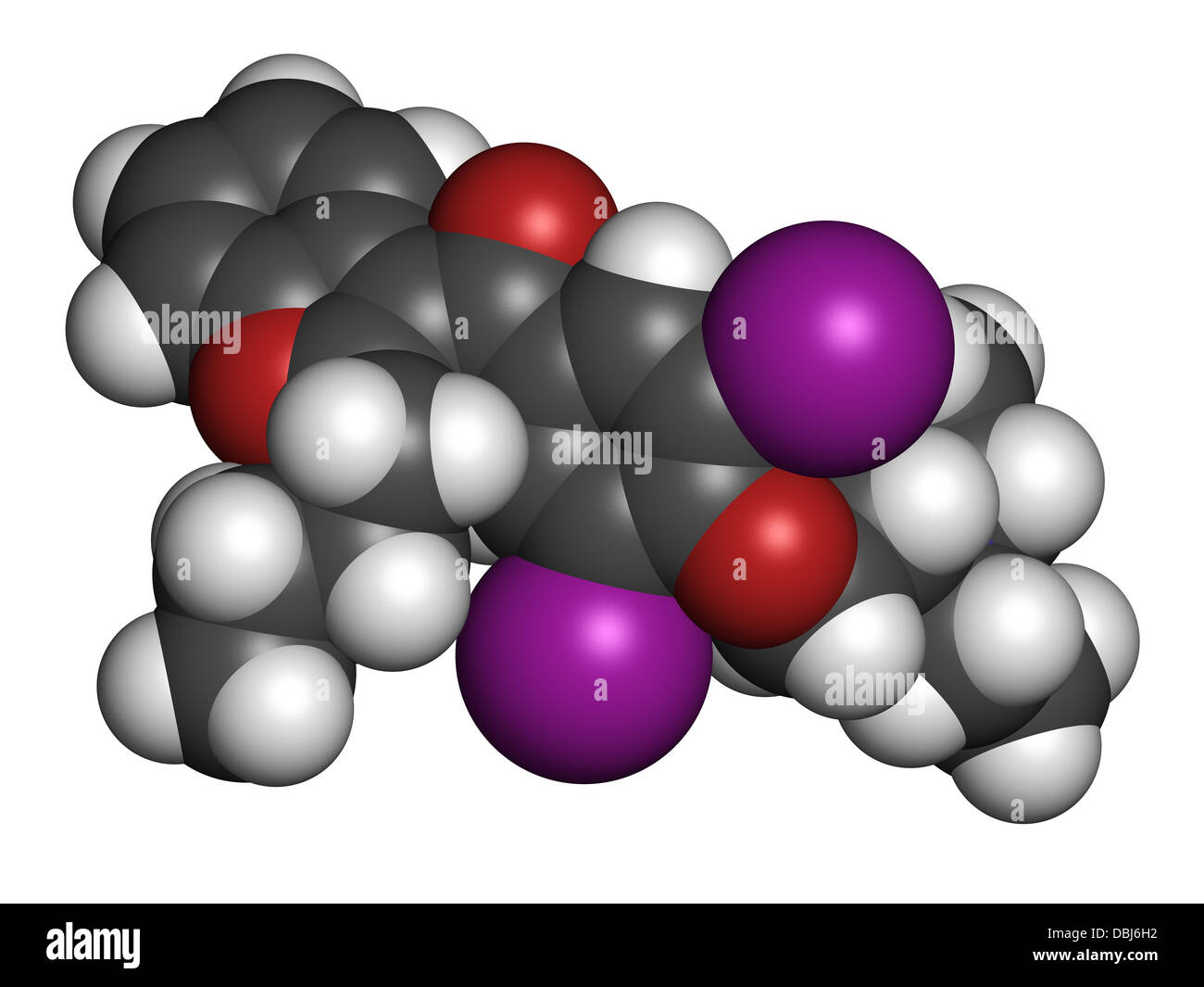 Amiodarone antiarrhythmic drug, chemical structure. Atoms are ...