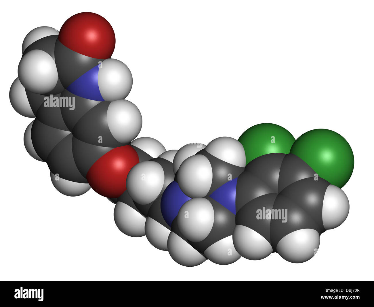 Aripiprazole antipsychotic drug, chemical structure. Atoms are ...