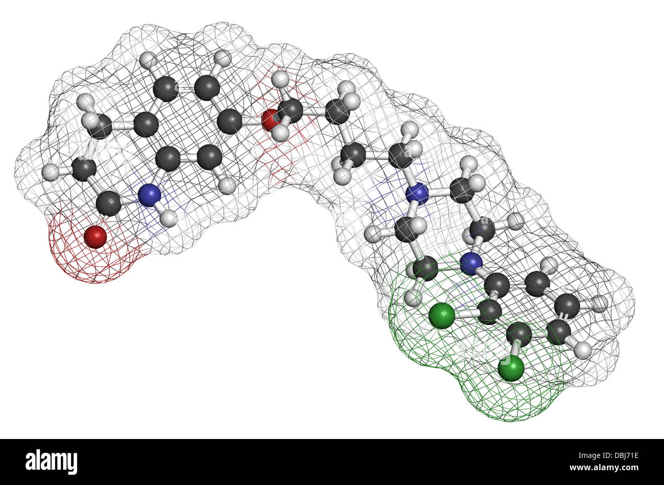 Aripiprazole antipsychotic drug, chemical structure. Atoms are ...