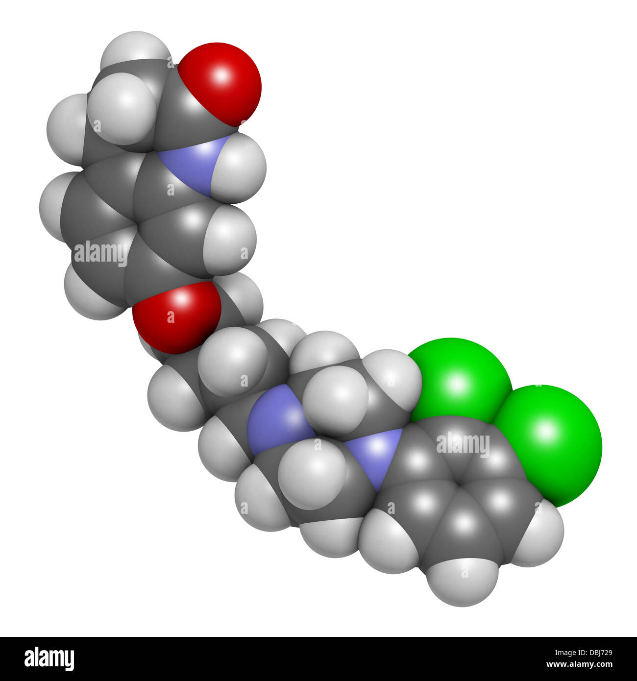 Aripiprazole antipsychotic drug, chemical structure. Atoms are ...