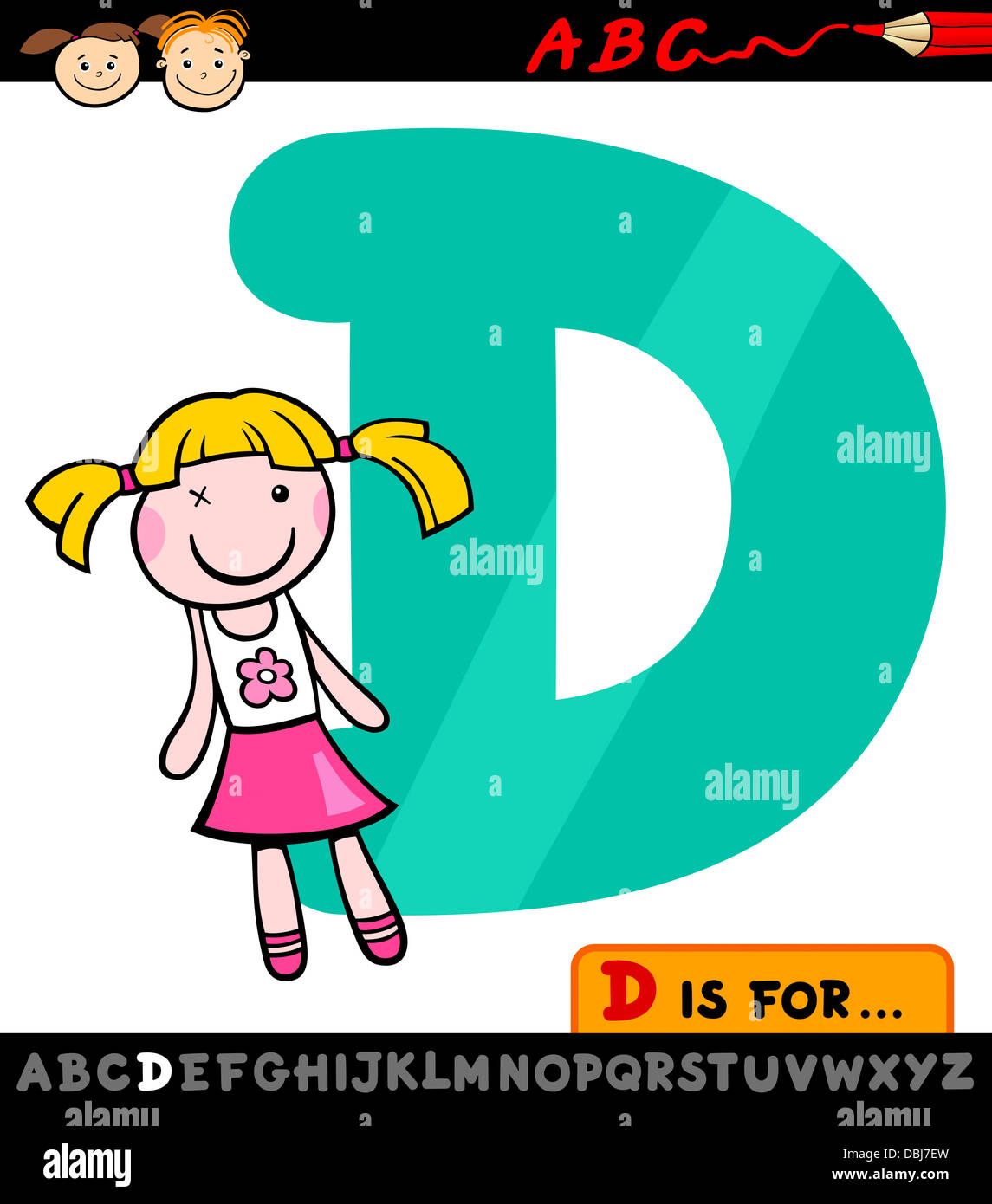 Cartoon Illustration of Capital Letter D from Alphabet with Doll for ...