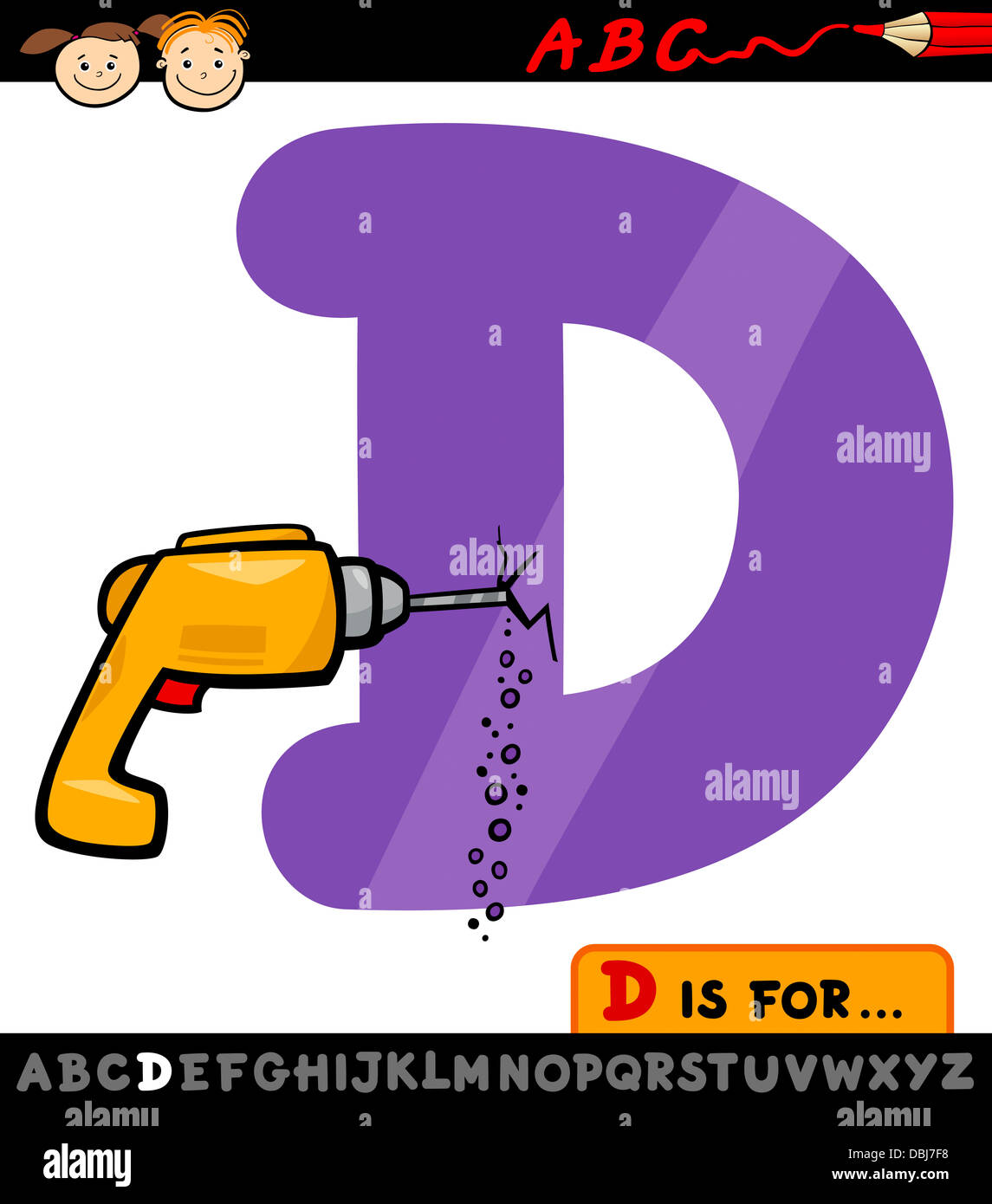 Cartoon Illustration of Capital Letter D from Alphabet with Drill for ...