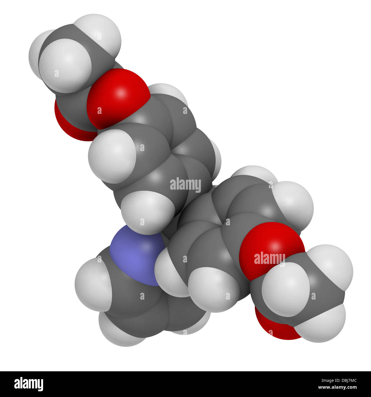 Bisacodyl laxative drug, chemical structure. Atoms are represented as ...