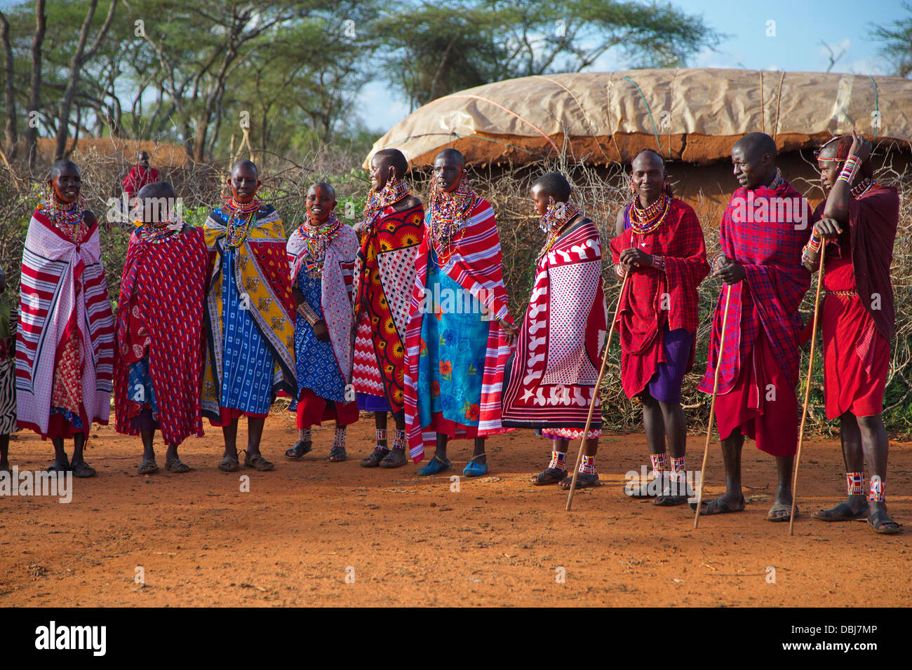 Masai Villagers in traditional clothing outside boma. Ol Kinyei ...