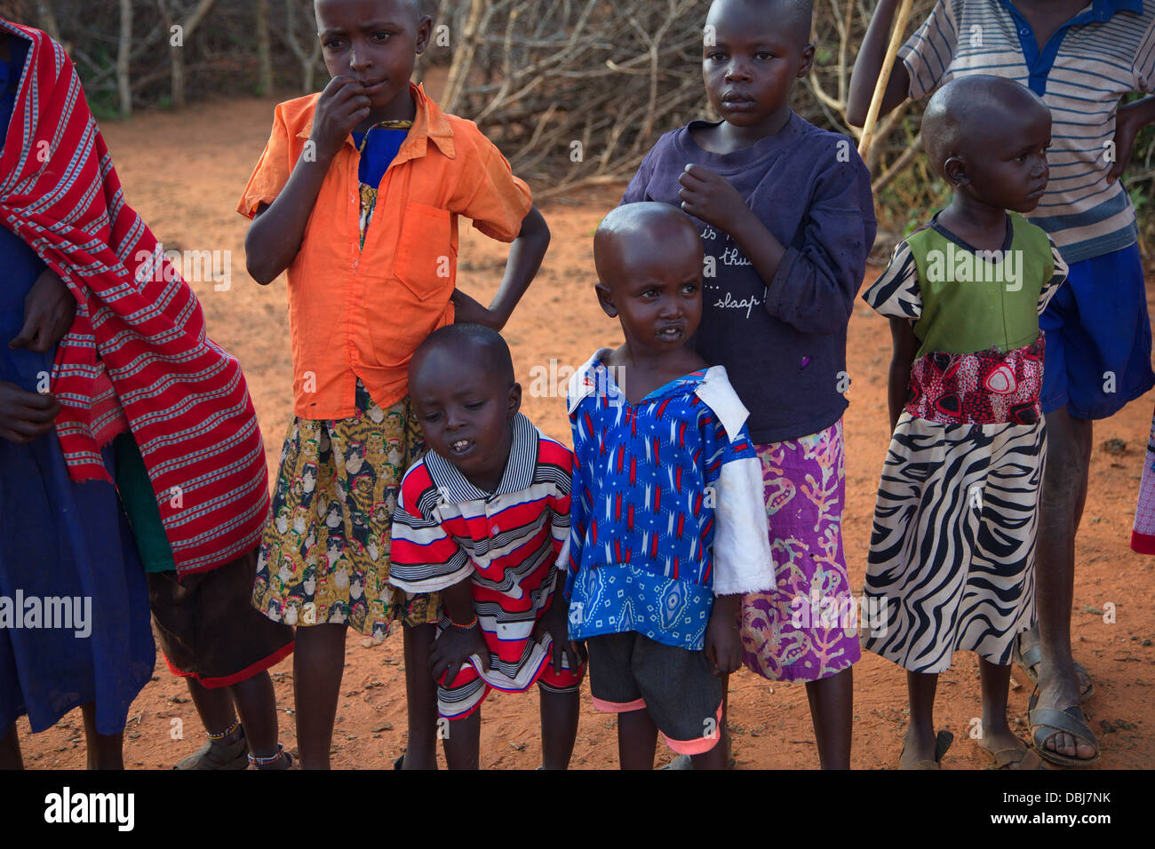 Masai Children in Western clothing outside boma. Ol Kinyei Conservancy ...