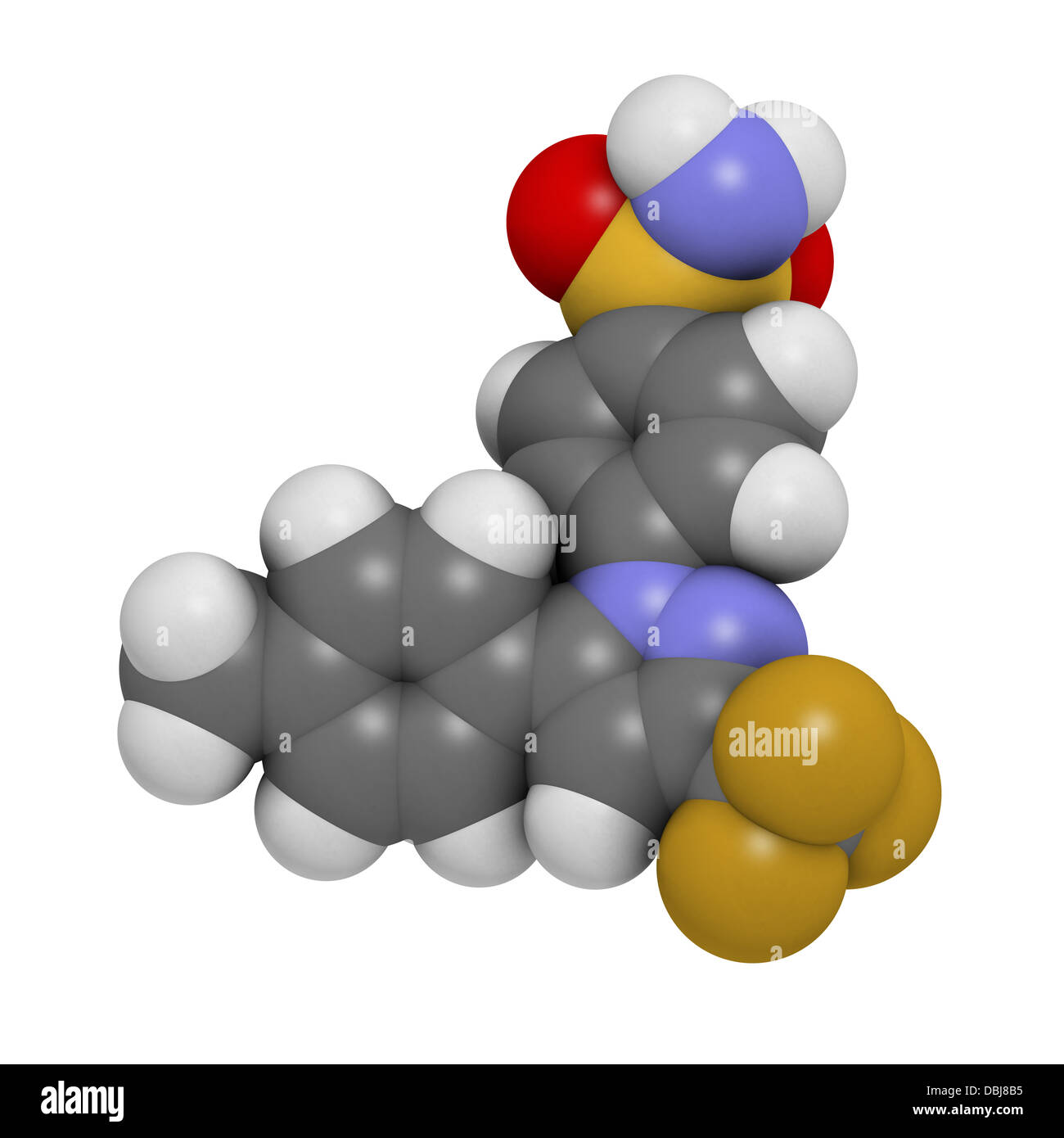 Celecoxib pain and inflammation drug (NSAID), chemical structure. Atoms ...