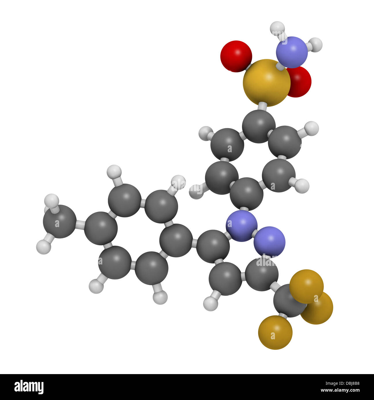 Celecoxib pain and inflammation drug (NSAID), chemical structure. Atoms ...