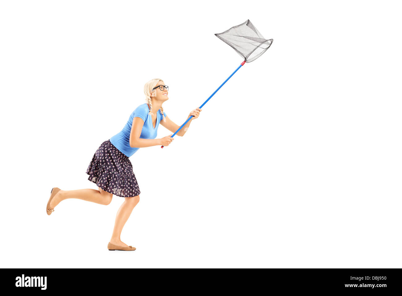 Full length portrait of a woman running with butterfly net isolated on ...