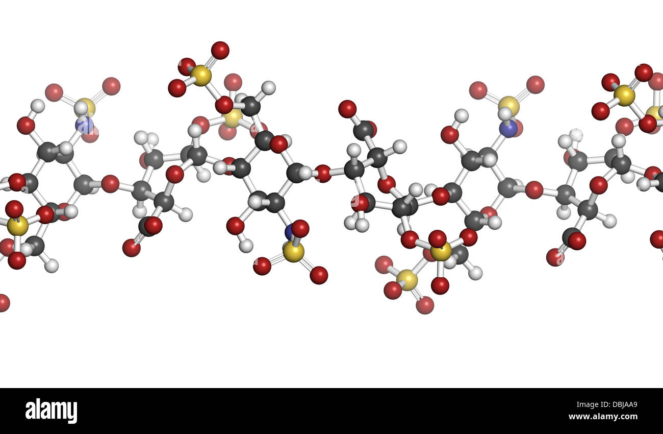 Heparin anticoagulant drug, chemical structure. Atoms are represented ...