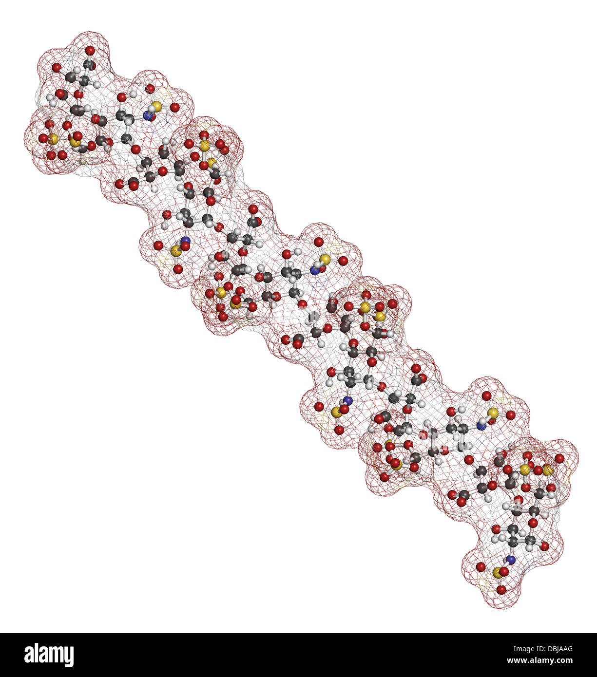 Heparin anticoagulant drug, chemical structure. Atoms are represented ...