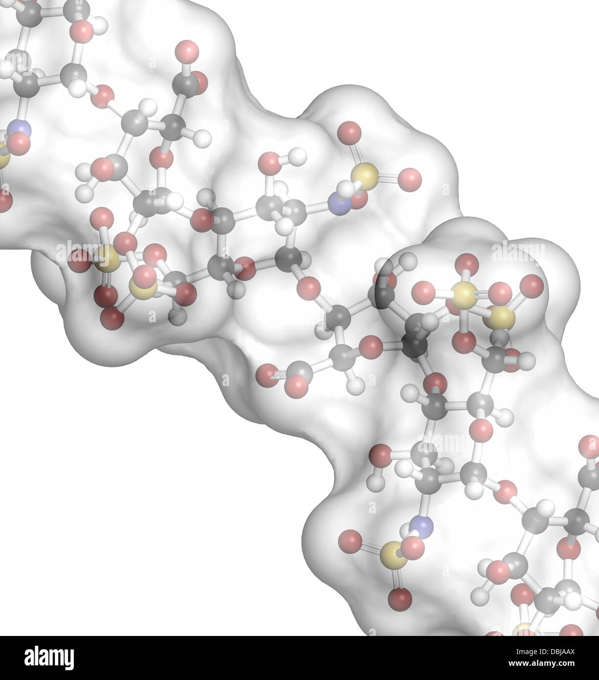 Heparin anticoagulant drug, chemical structure. Atoms are represented ...
