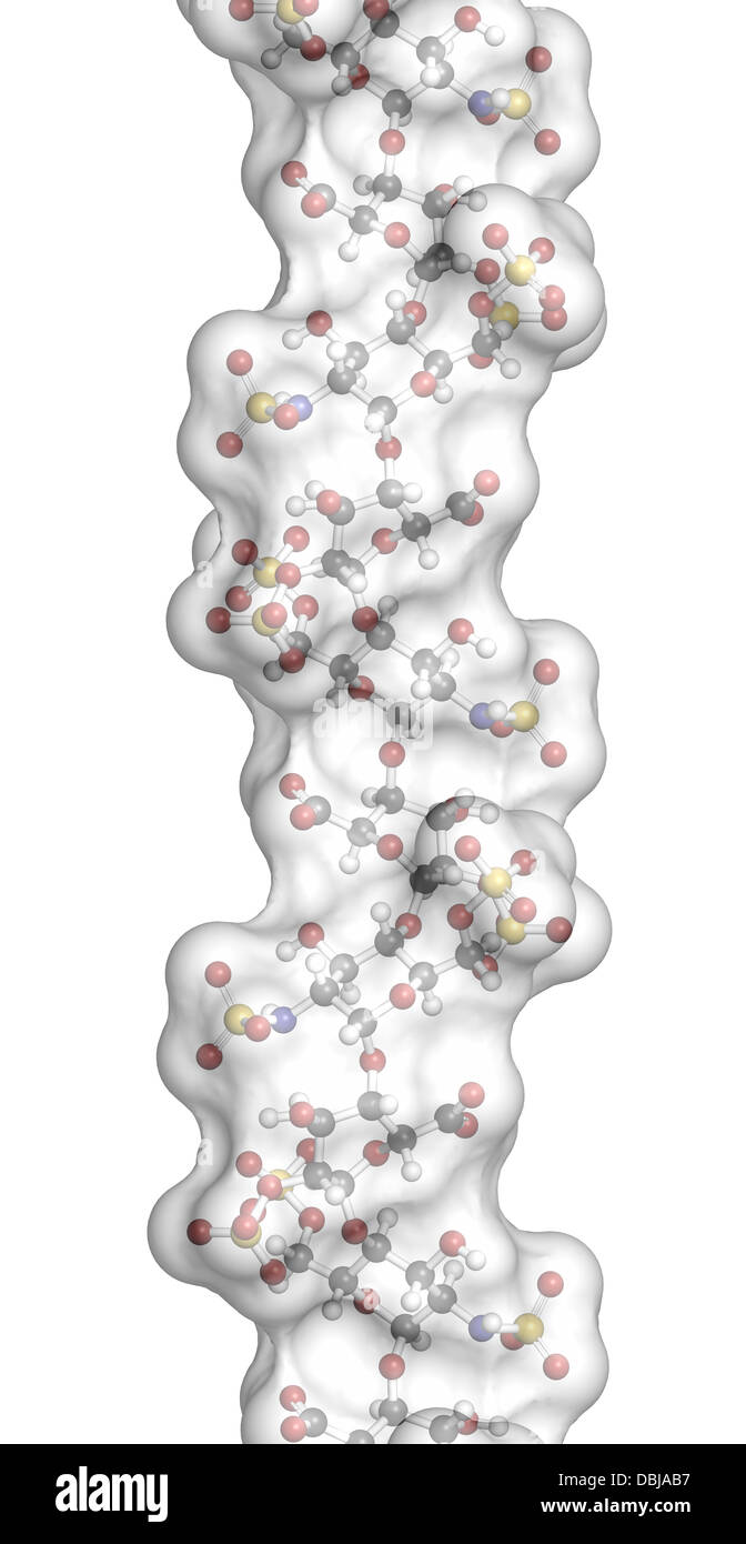 Heparin anticoagulant drug, chemical structure. Atoms are represented ...