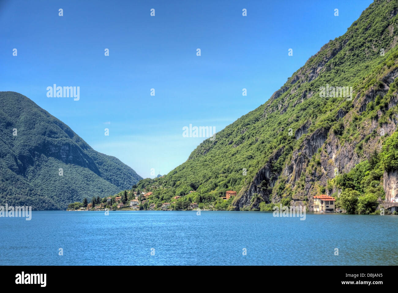 Lakeside landscape view at scenic lake Lugano in Italian Lago di Como ...