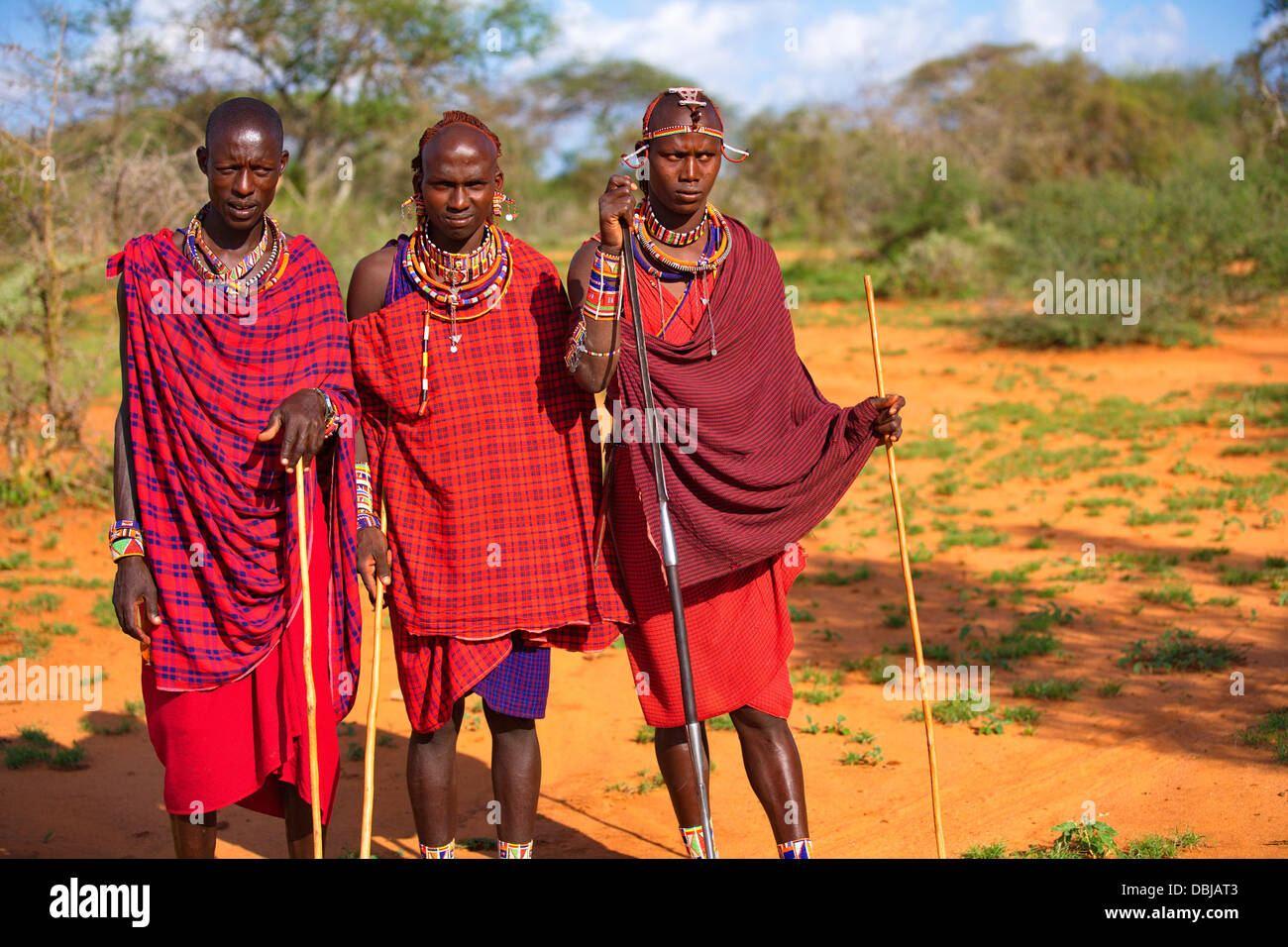 Masai Tribesman traditional clothing outside boma. Selenkay Conservancy ...