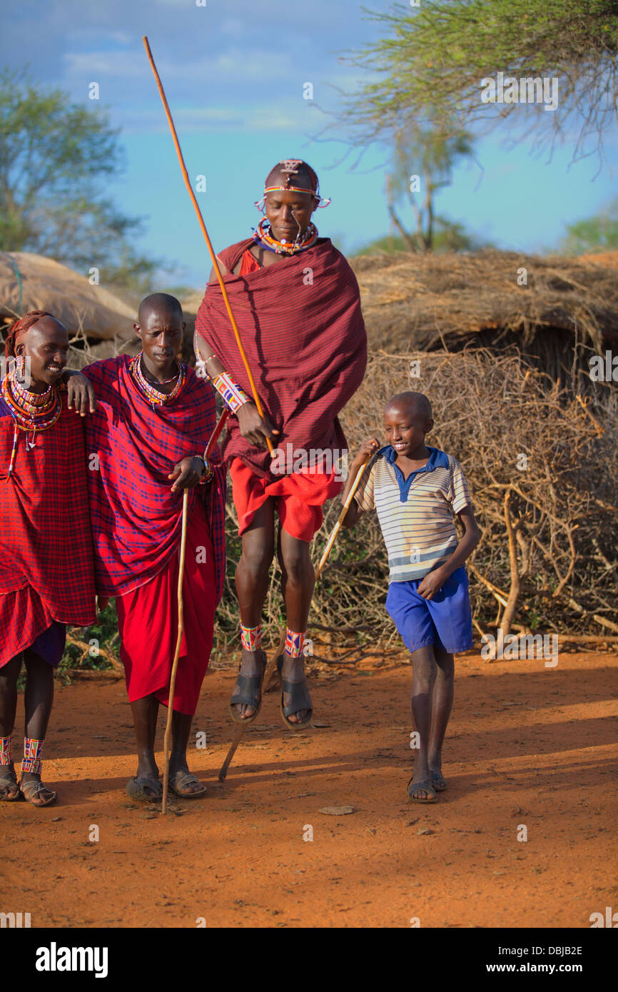 Masai tribesman traditional clothing during jumping contest. Selenkay ...
