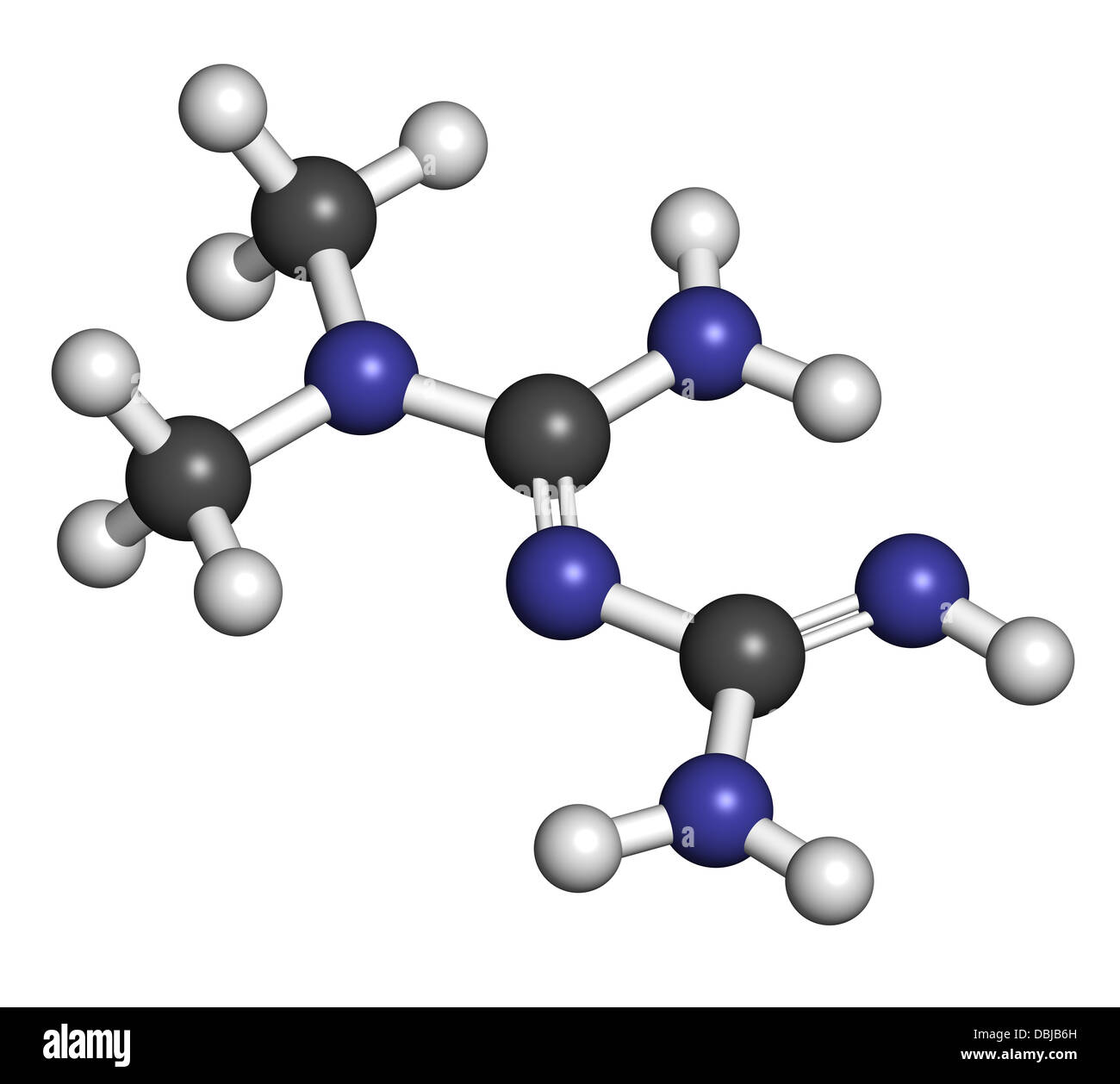 Metformin diabetes drug (biguanide class), chemical structure. Atoms ...