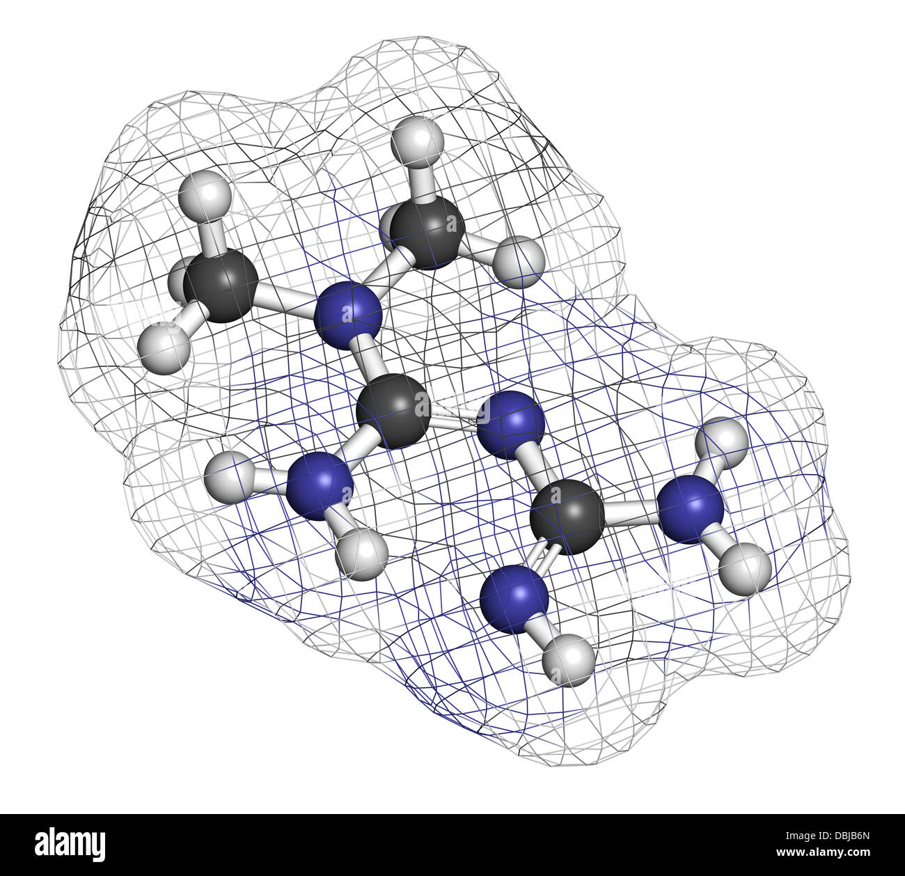 Metformin diabetes drug (biguanide class), chemical structure. Atoms ...