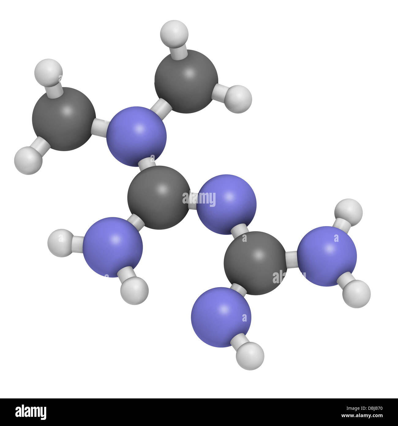 Metformin diabetes drug (biguanide class), chemical structure. Atoms ...