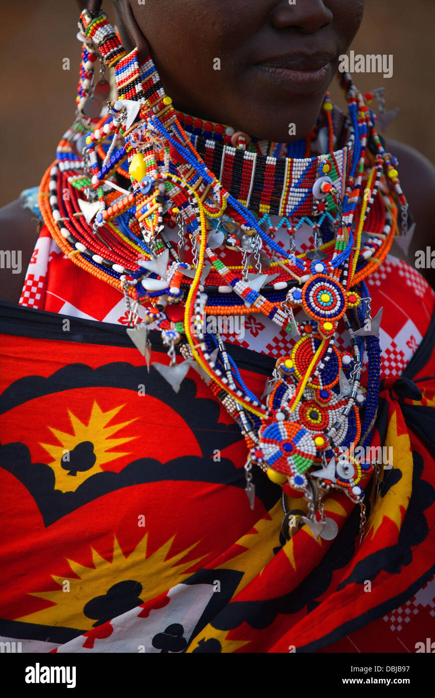 Close up of traditional Masai clothing and jewelry. Selenkay ...