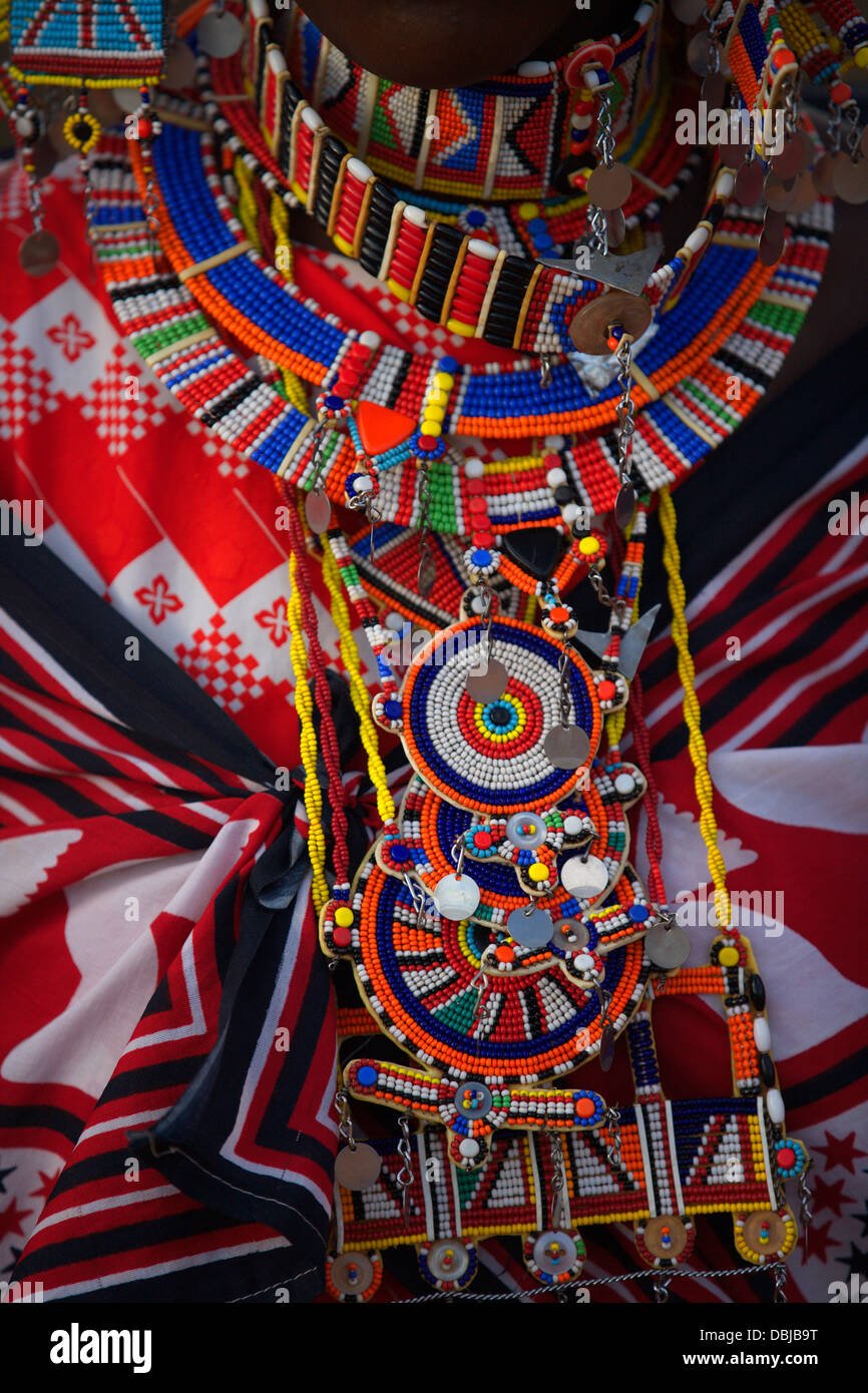 Close up of traditional Masai clothing and jewelry. Selenkay ...