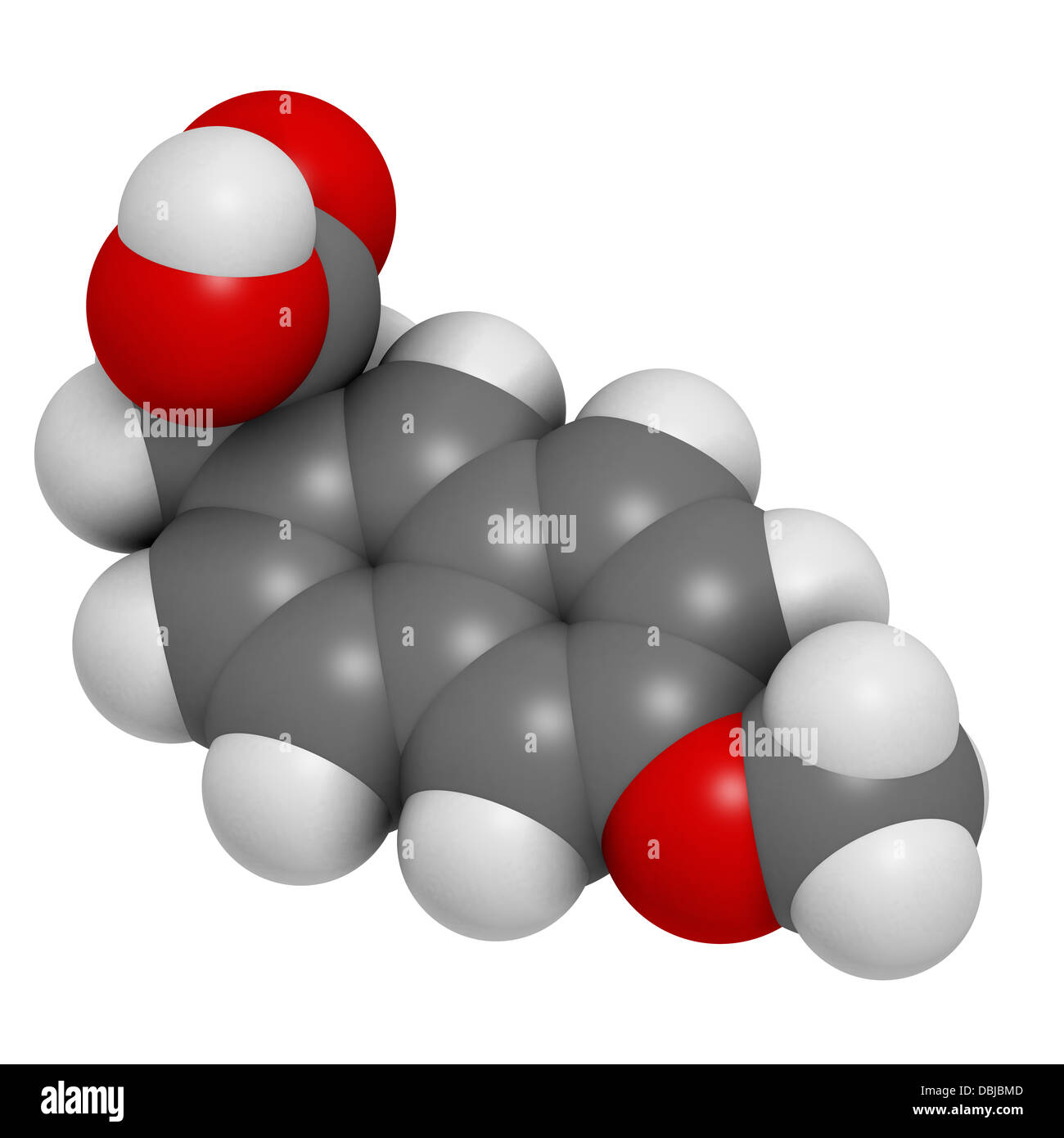 Naproxen pain and inflammation drug (NSAID), chemical structure. Atoms ...