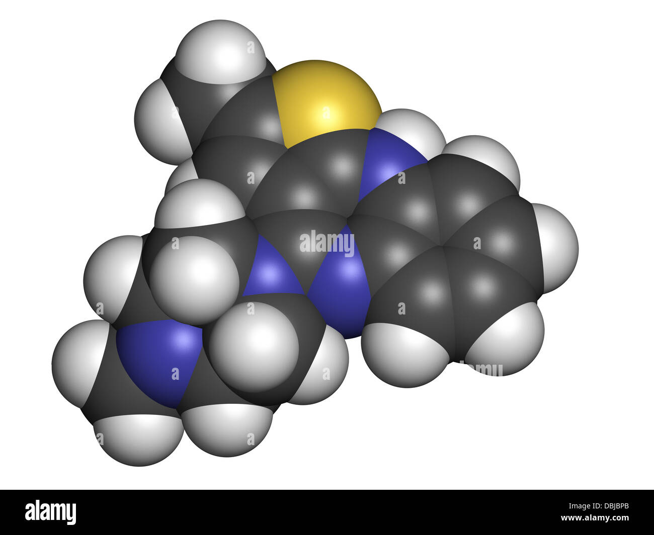 Olanzapine antipsychotic drug, chemical structure. Atoms are ...