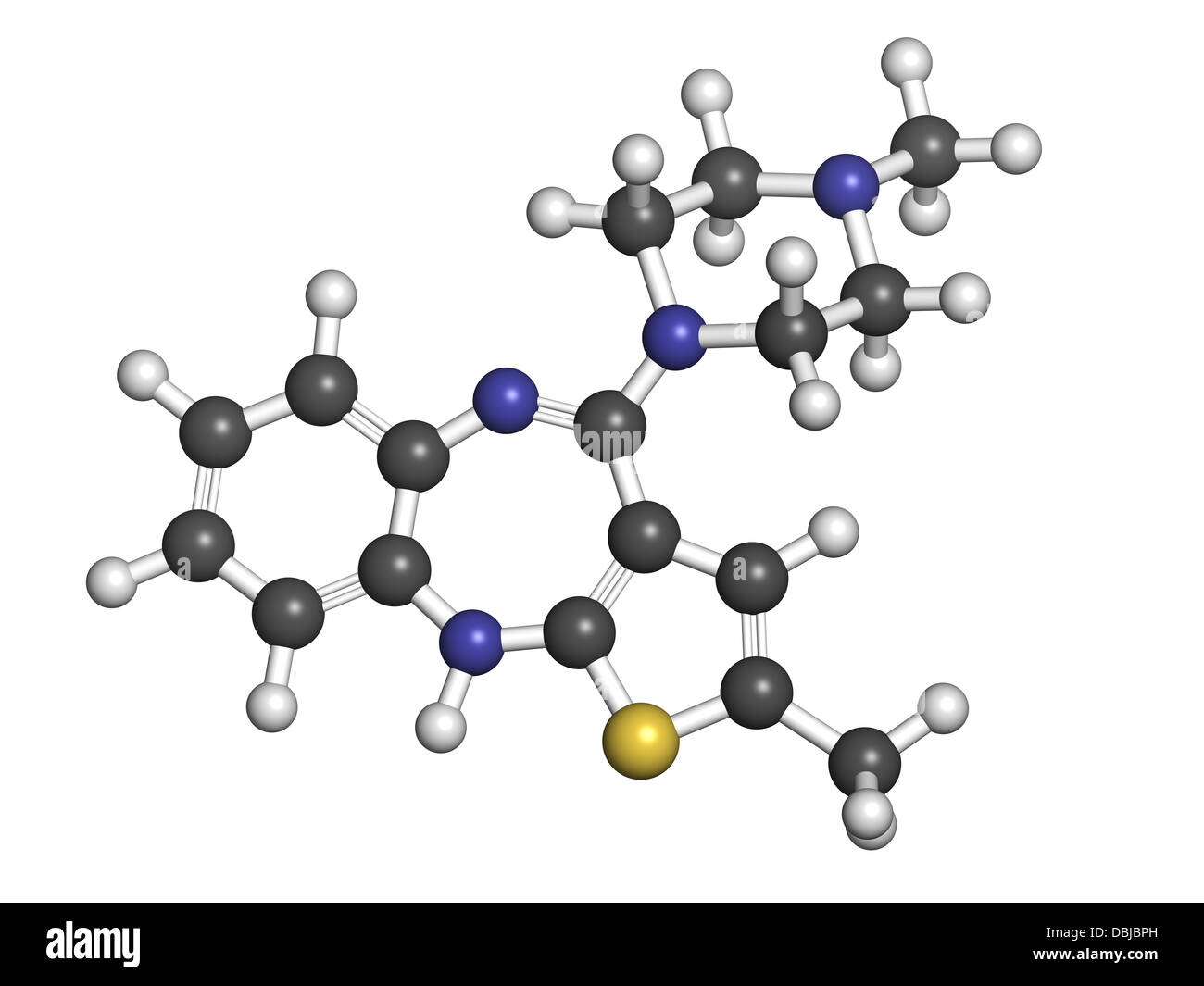 Olanzapine antipsychotic drug, chemical structure. Atoms are ...