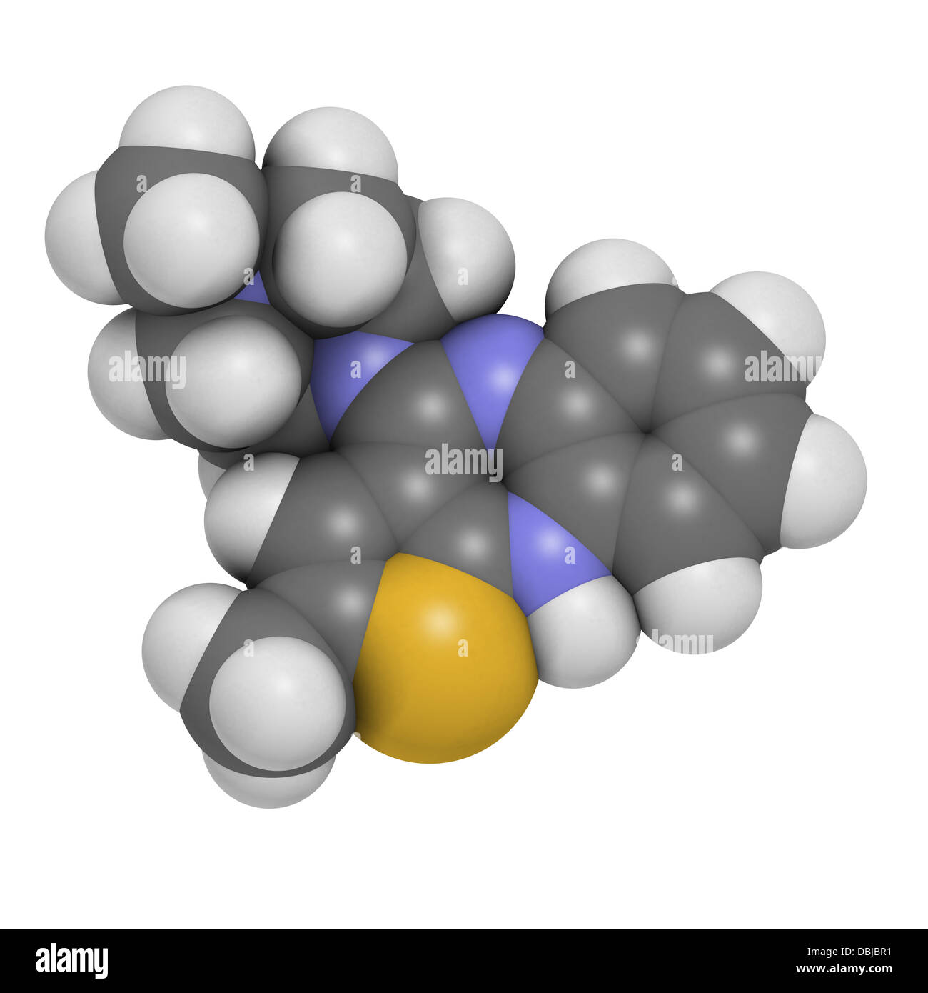 Olanzapine antipsychotic drug, chemical structure. Atoms are ...