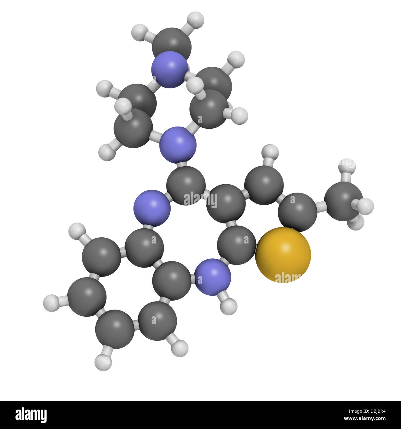 Olanzapine antipsychotic drug, chemical structure. Atoms are ...