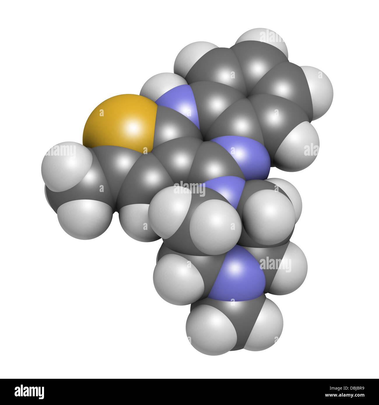 Olanzapine antipsychotic drug, chemical structure. Atoms are ...