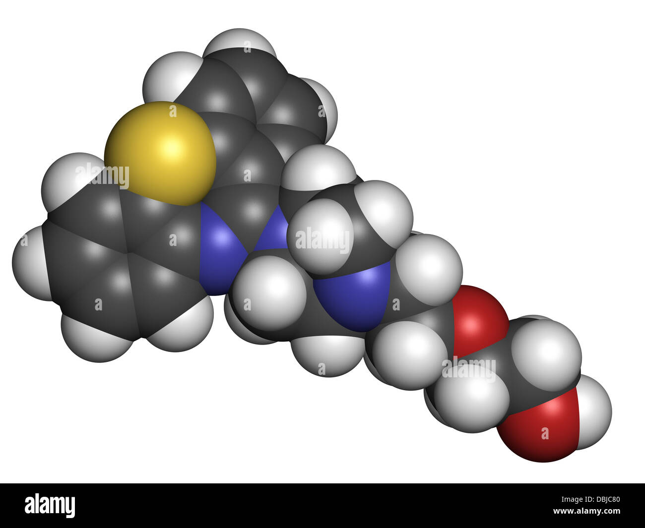 Quetiapine antipsychotic drug, chemical structure. Atoms are ...