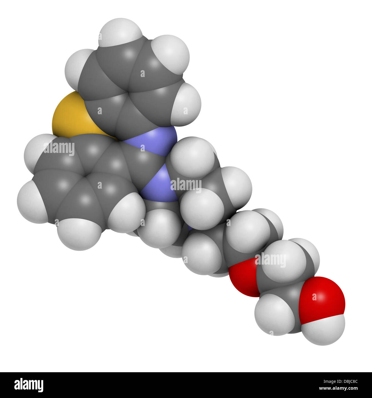 Quetiapine antipsychotic drug, chemical structure. Atoms are ...