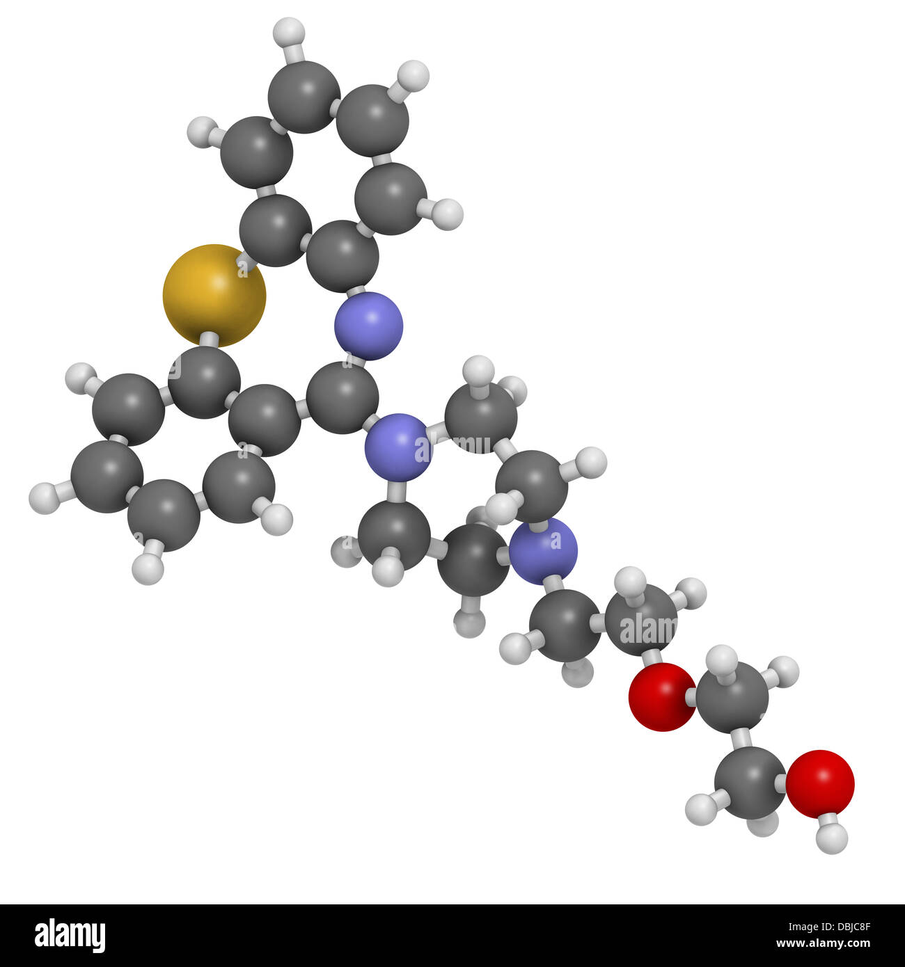 Quetiapine antipsychotic drug, chemical structure. Atoms are ...