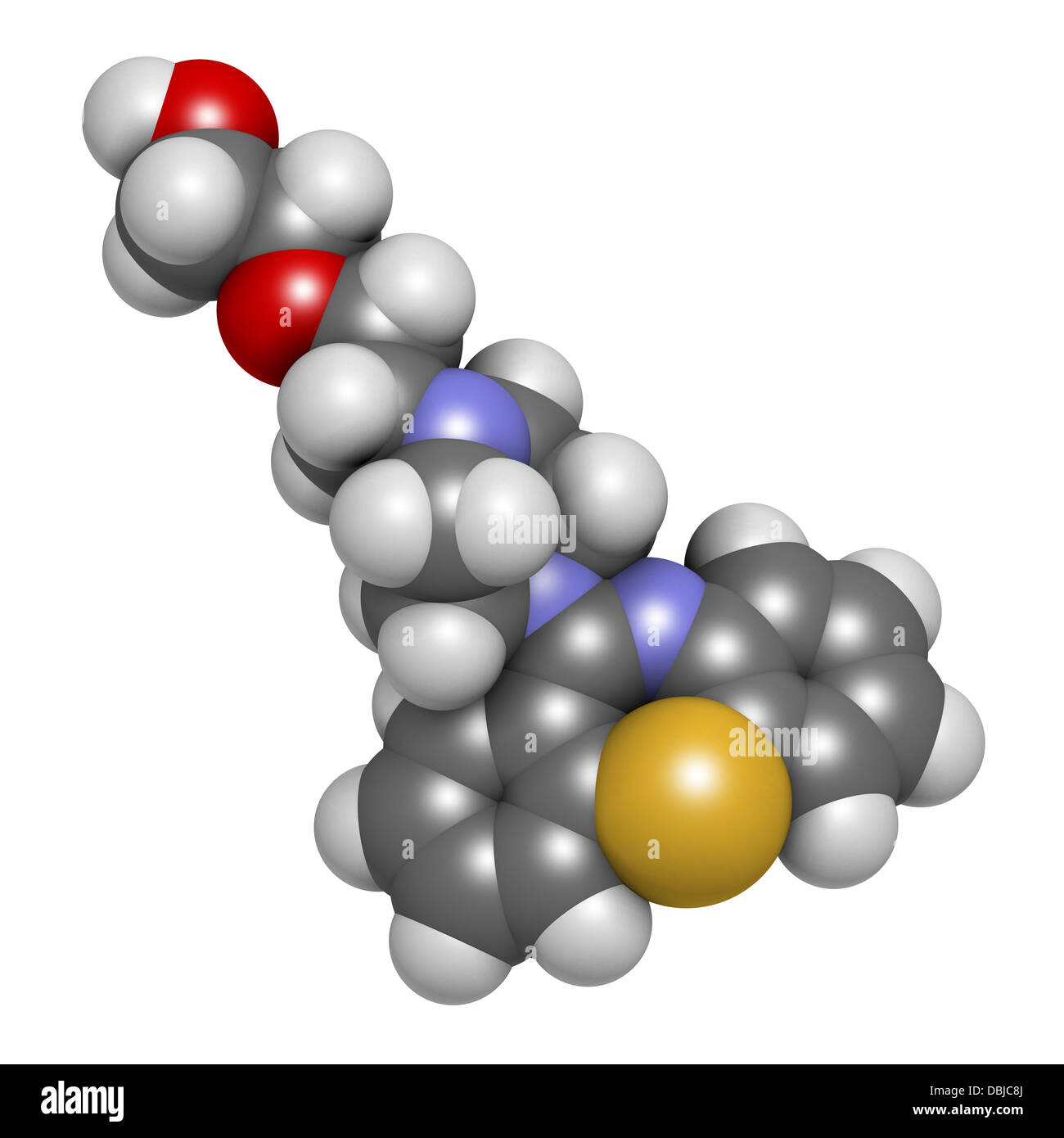 Quetiapine antipsychotic drug, chemical structure. Atoms are ...
