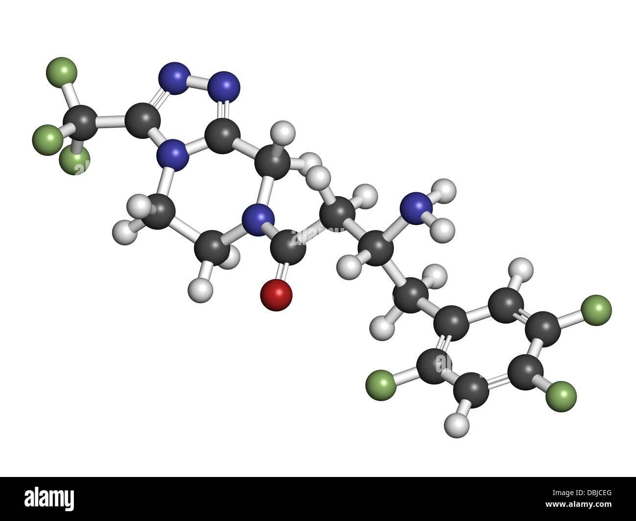 Sitagliptin diabetes drug, chemical structure. Atoms are represented as ...