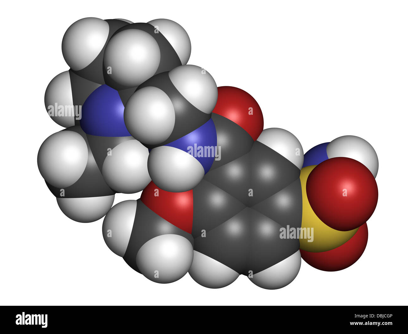 Sulpiride antipsychotic (neuroleptic) drug, chemical structure. Atoms are represented as spheres ...
